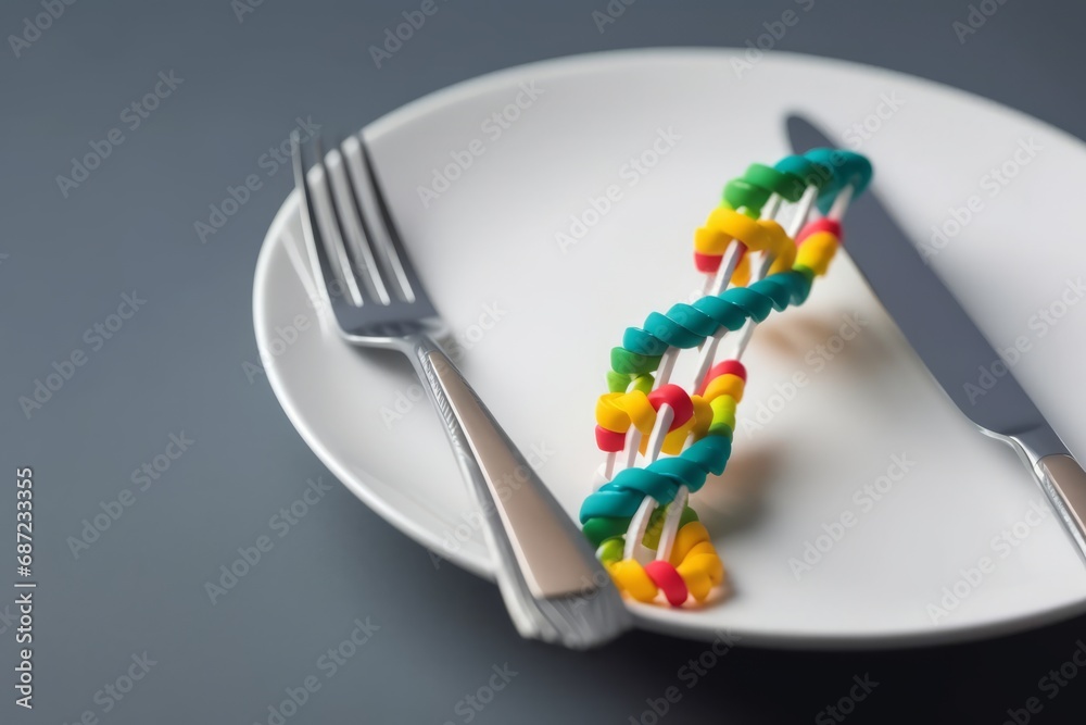 Genetically modified DNA and genes depicted on a plate, fork, and knife ...