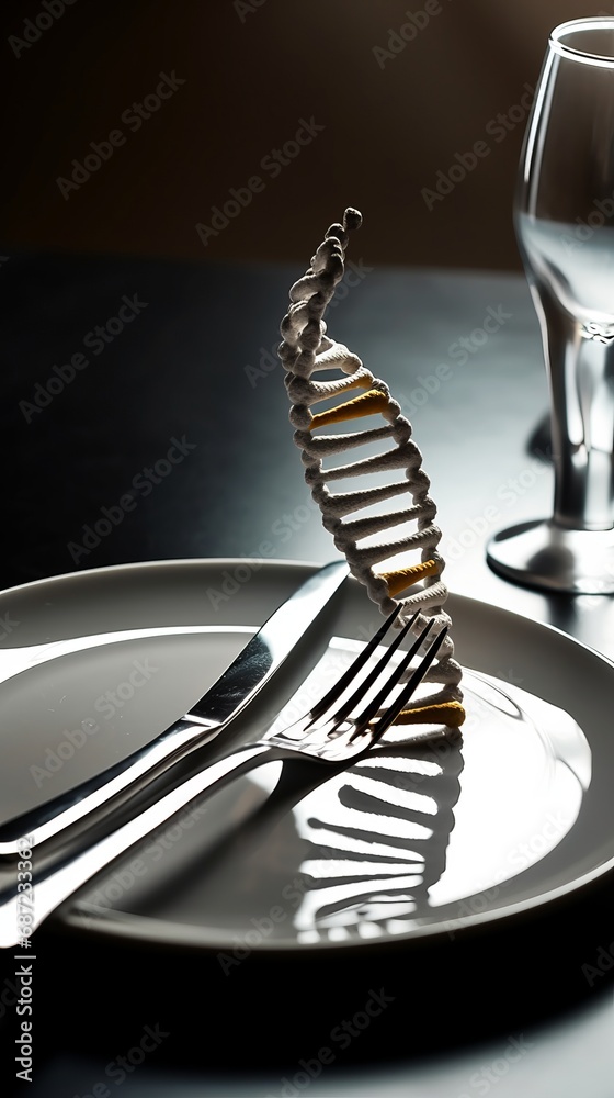 Genetically modified DNA and genes depicted on a plate, fork, and knife ...