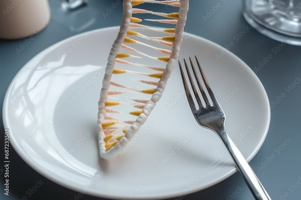 Genetically modified DNA and genes depicted on a plate, fork, and knife ...