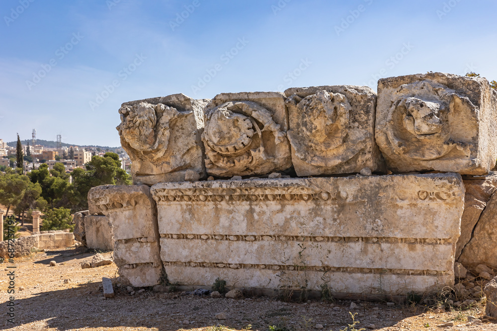 Detail of preserved monuments at the archaeological site in Jerash ...