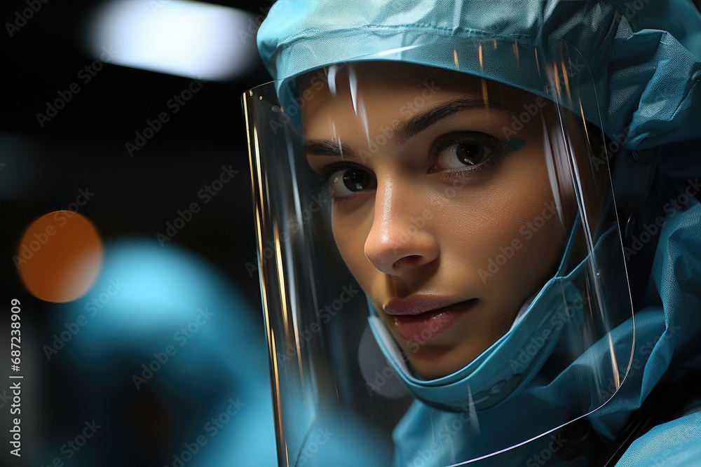 A woman bravely faces the world with her protective face shield ...