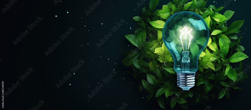 Top view of a green eco friendly lightbulb made from fresh leaves ...