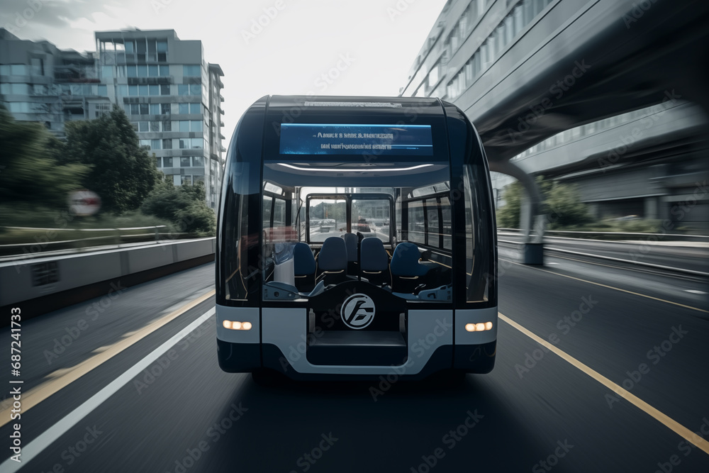 Self driving bus. Autonomous bus driving in city. Future Electric ...