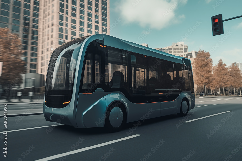 Self driving bus. Autonomous bus driving in city. Future Electric ...
