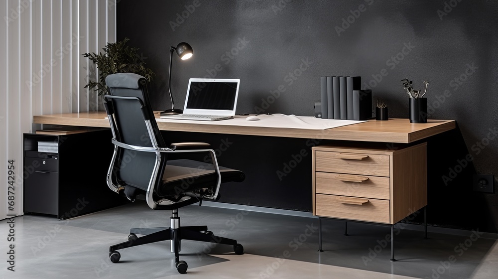 Minimalistic home office interior with clean design, a sleek desk ...