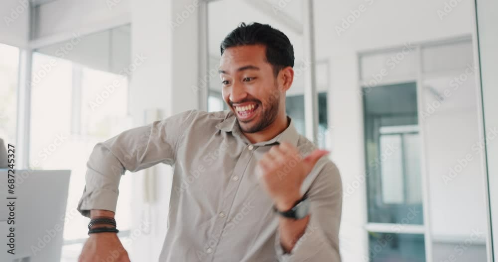 Celebration, office and business people dancing for success ...