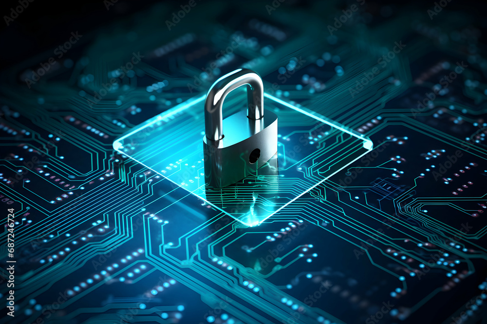 Cyber security Concept with Close-Up of Computer Motherboard, Safety Lock, Verified Credentials ...