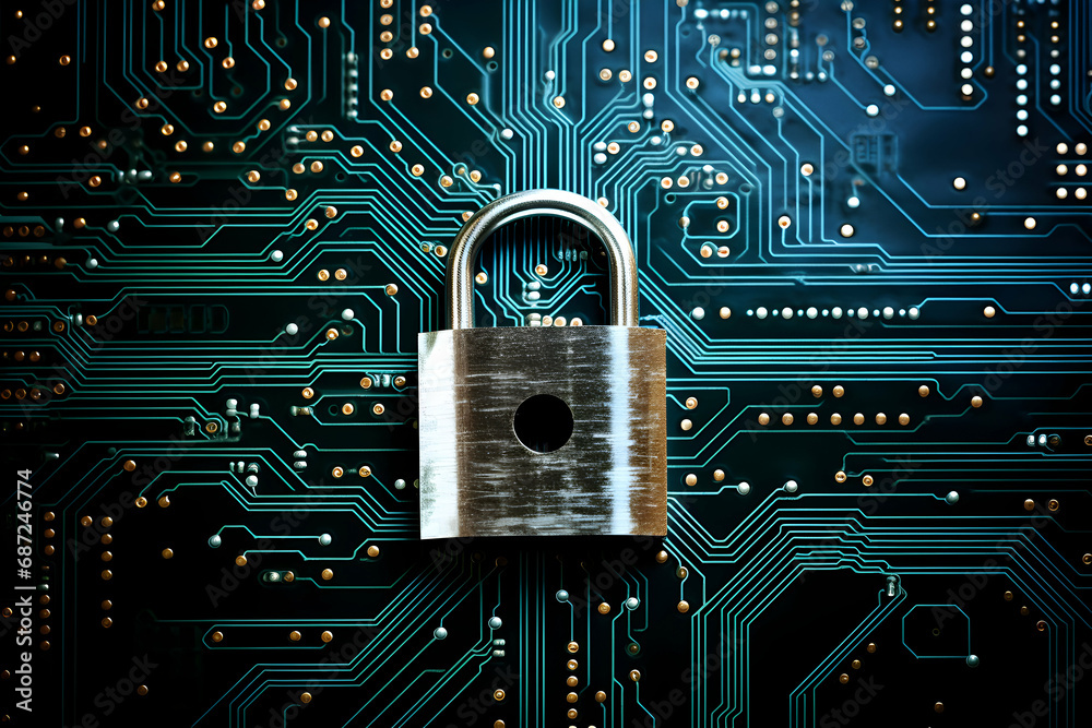 Cyber security Concept with Close-Up of Computer Motherboard, Safety ...