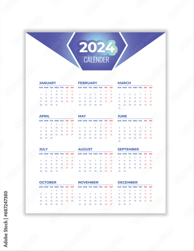 Monthly calendar template for 2024 year. Wall calendar in a minimalist ...