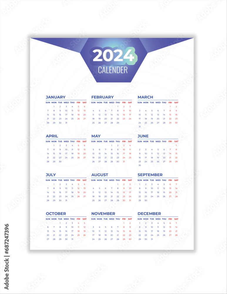 Monthly calendar template for 2024 year. Wall calendar in a minimalist ...