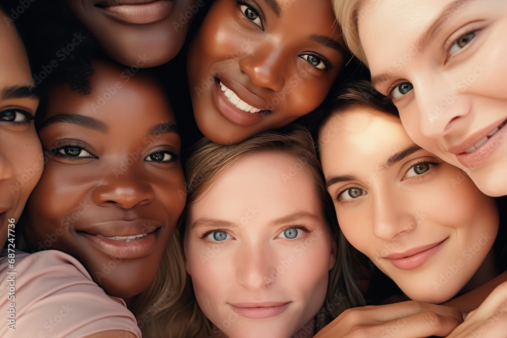 An interracial group of women taking a selfie. Happy, smiling ladies of ...