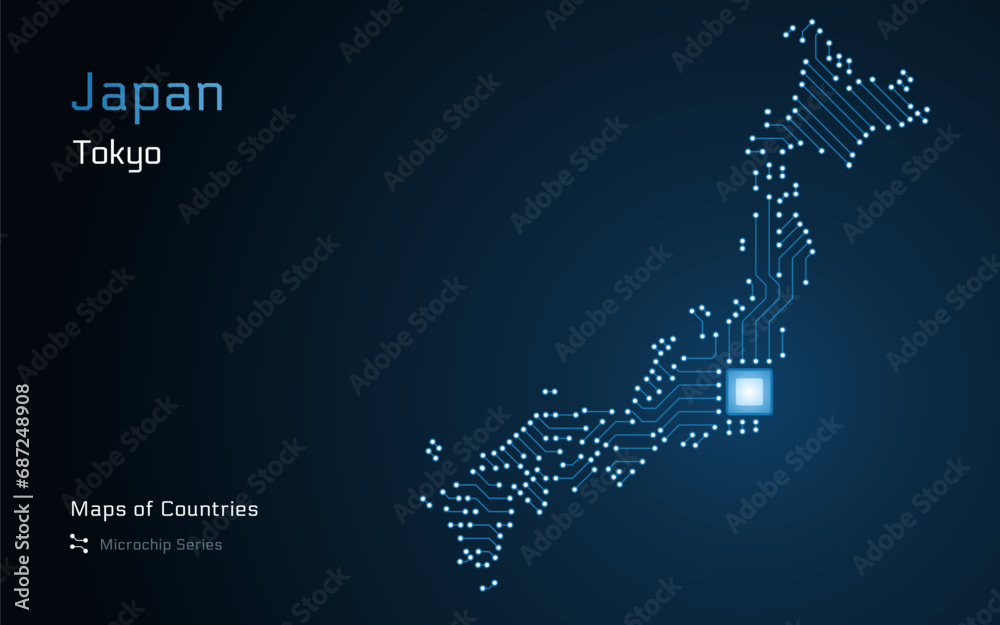 Japan Map with a capital of Tokyo Shown in a Microchip Pattern. E ...