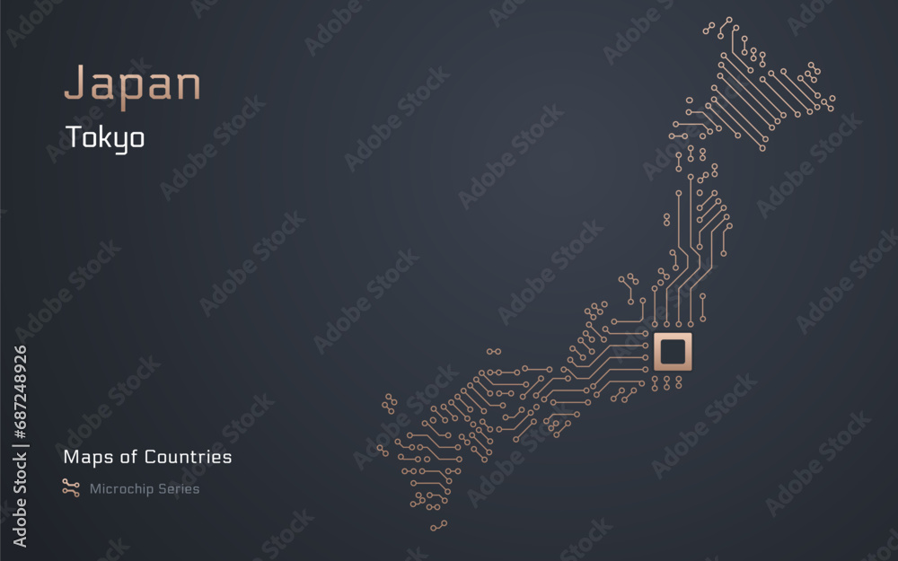 Japan Map with a capital of Tokyo Shown in a Microchip Pattern. E ...