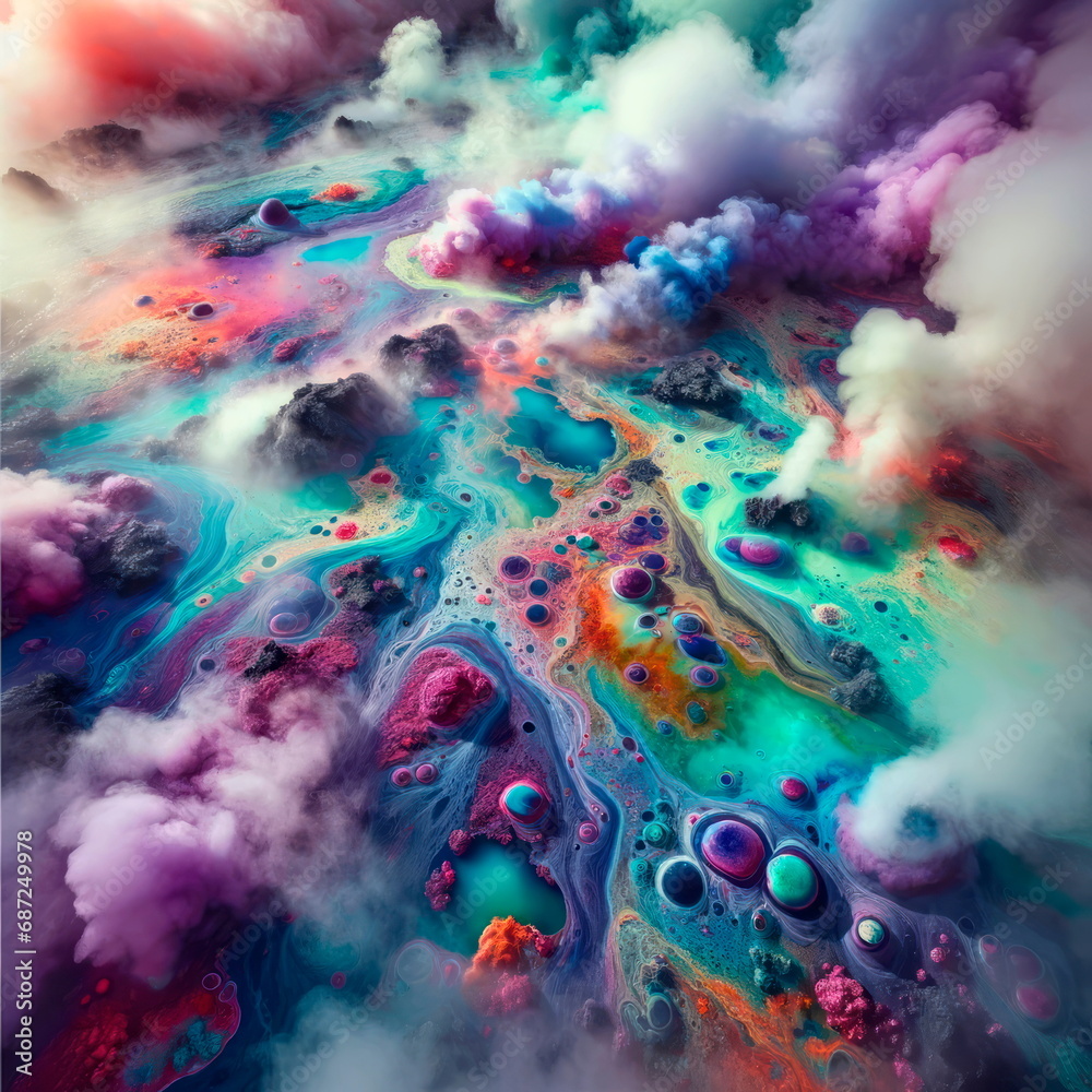 A vibrant image of a multicolored primordial soup, depicting the early ...