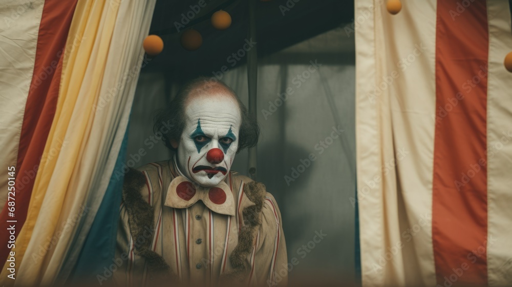 Funny sad clown with white make up face. Carnival mime artist ...
