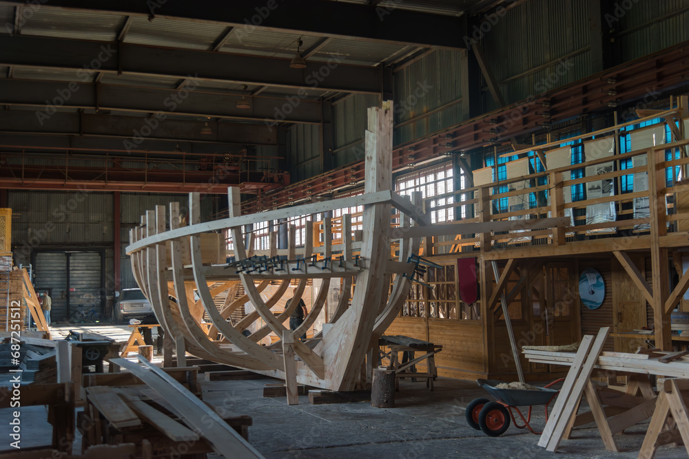 The hull of an old boat is the frame of a wooden boat, a wooden ...