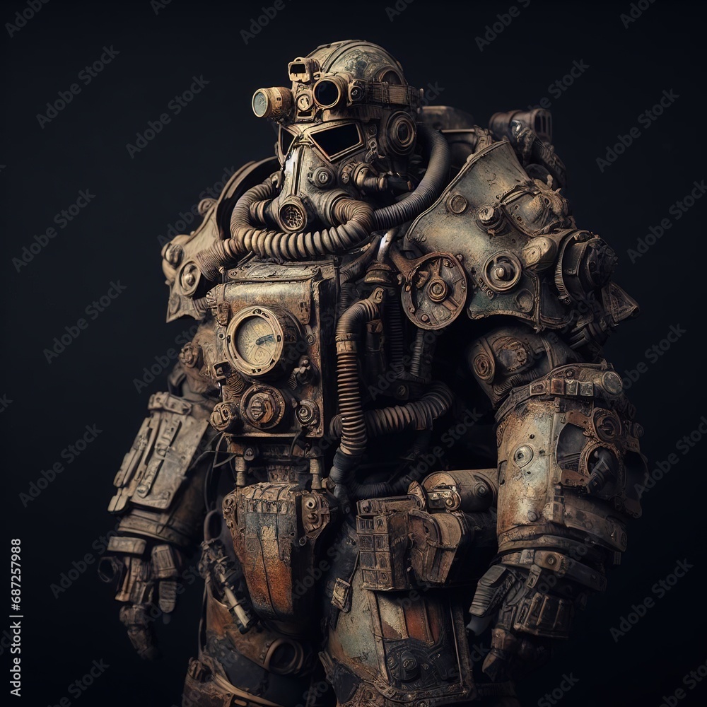 Steampunk power armor suit with the rugged, makeshift appearance of ...