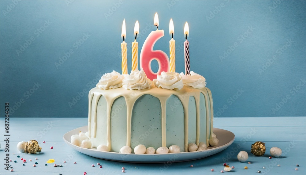 birthday cake with 6 six candles on pastel blue background with copy ...