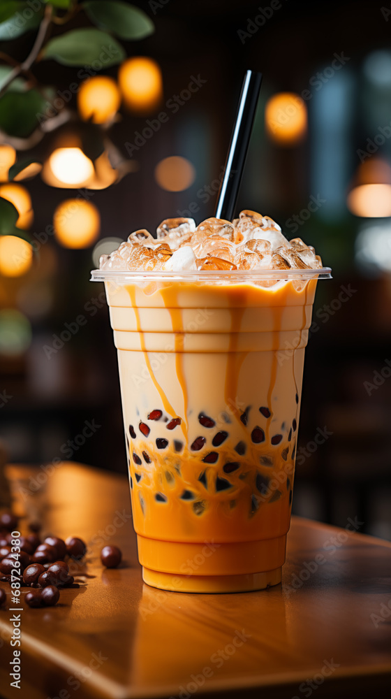 bubble tea shake with ice and straw propped in a room with natural ...
