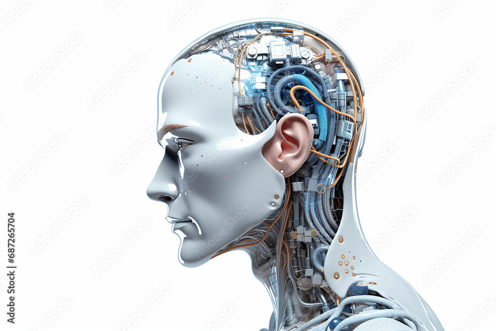 AI Artificial Intelligence Robot Head with Digital Graphic Brain Engine Inside Isolated ...