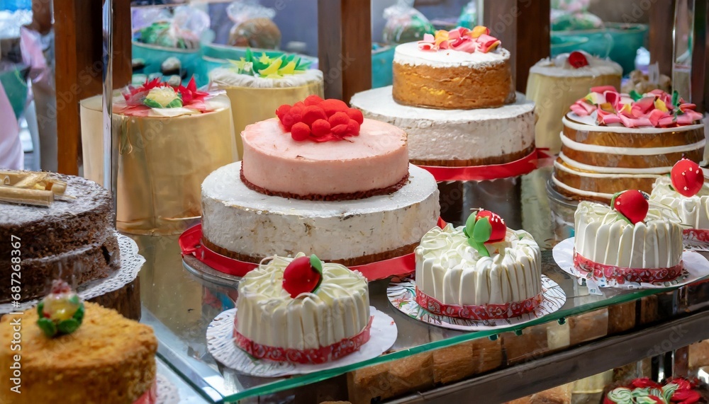 sweet and cute whole cakes lined up in a showcase full of various kinds ...