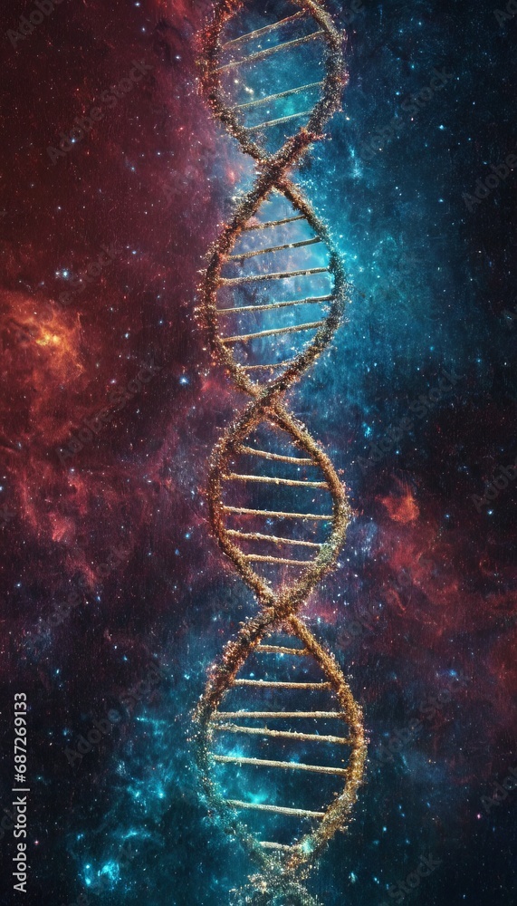 DNA double helix superimposed on a backdrop of deep space. Emblematic ...