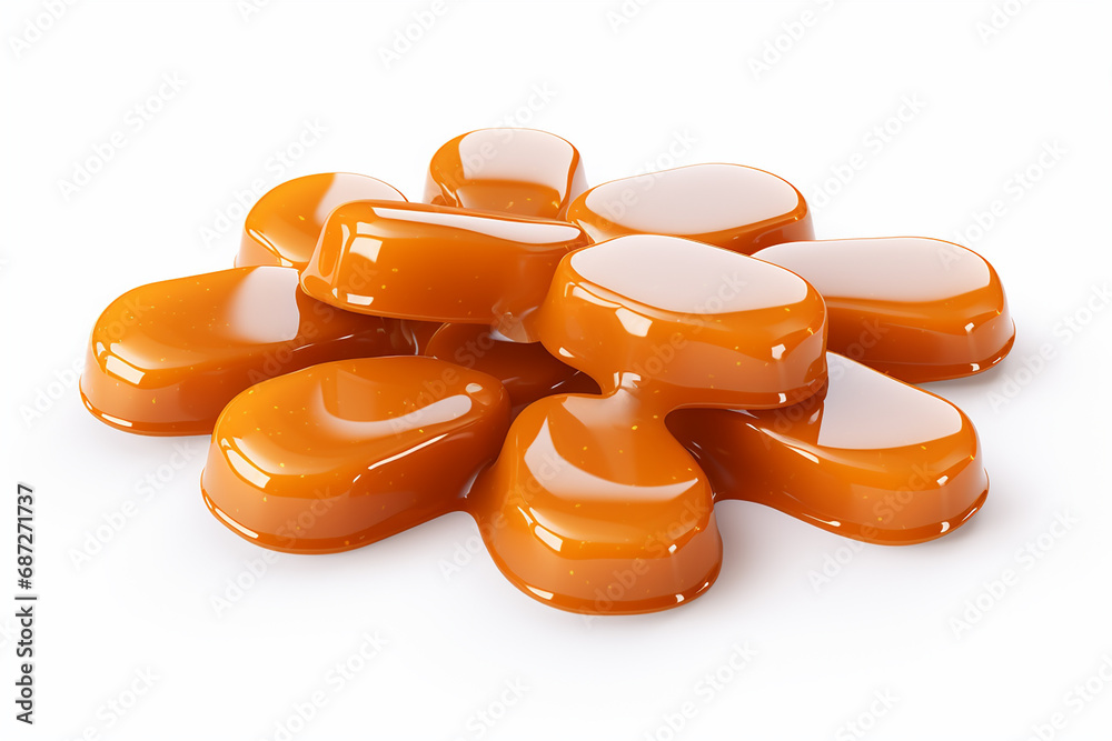 Caramel Candies with Caramel Sauce Isolated on a White Background Close ...