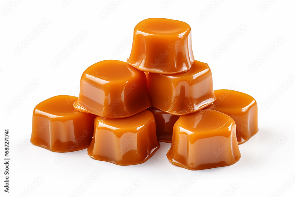 Caramel Candies with Caramel Sauce Isolated on a White Background Close ...