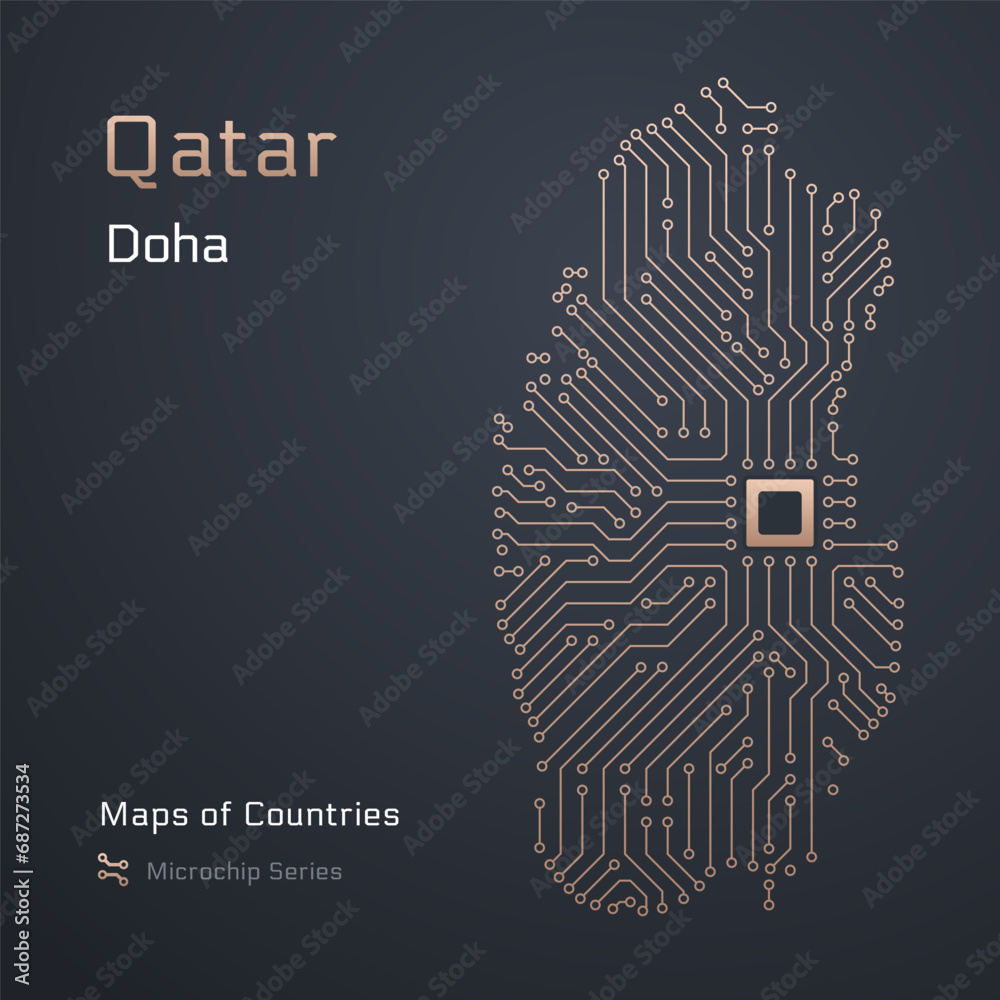 Qatar Map with a capital of Doha Shown in a Microchip Pattern with ...
