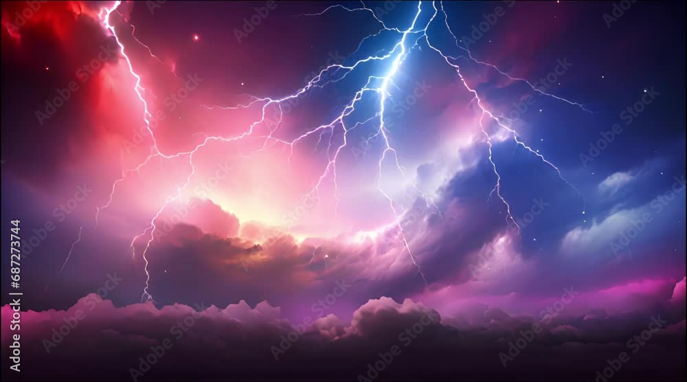 Beautiful motion lightning strikes from skies. Realistic thunderbolts ...
