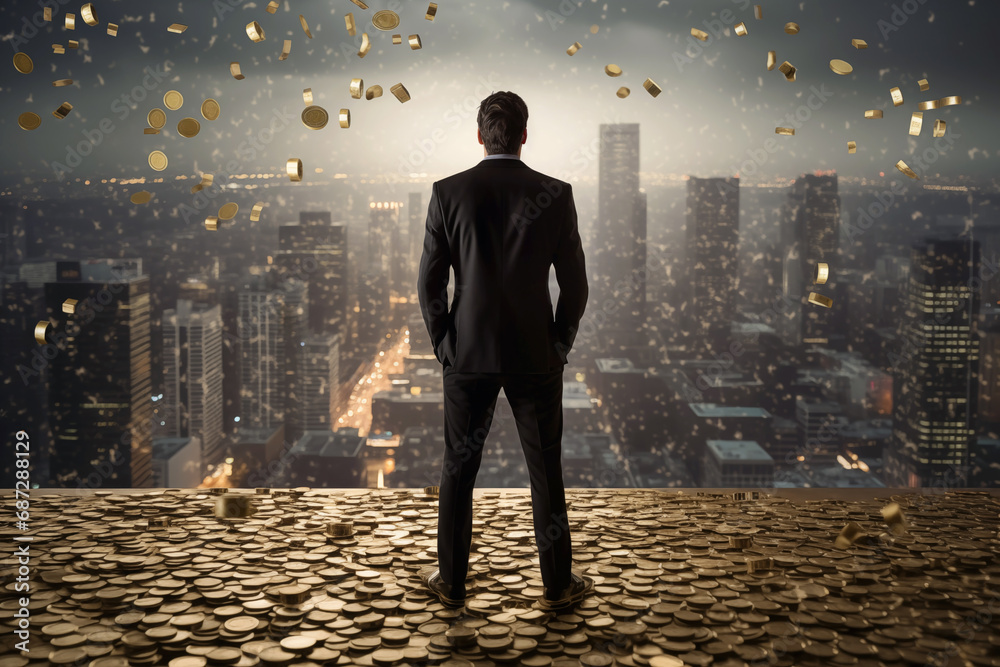man at the pinnacle of fame and fortune standing on a pile of money an ...