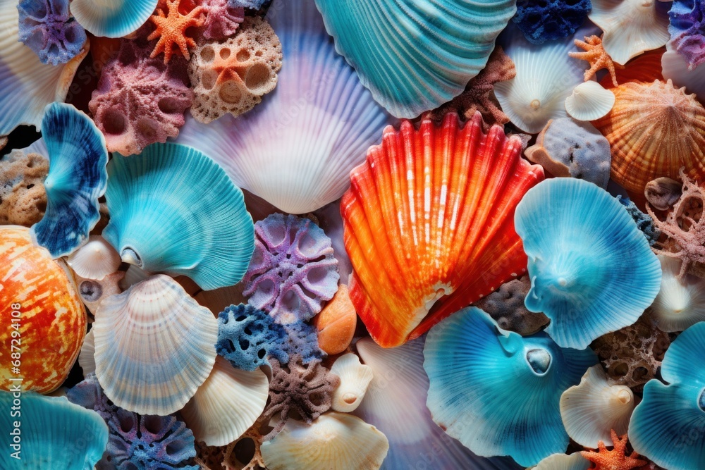 Seashells macro background. Shells have different shapes, colors and ...