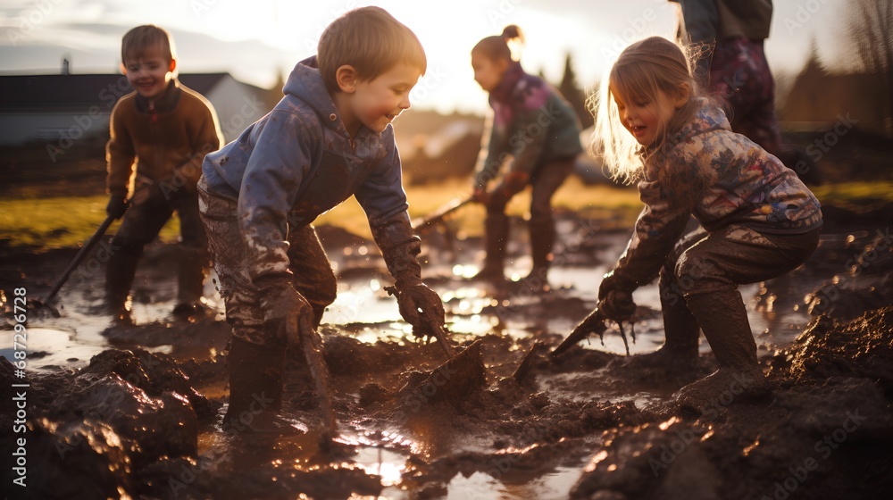Joyful children in raincoats and rubber boots are splashing and playing ...