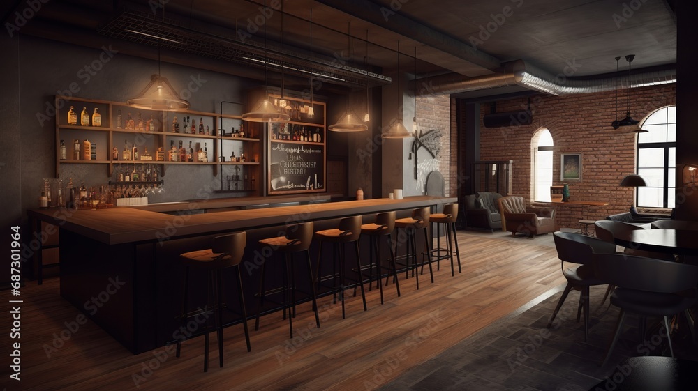 Loft style bar interior features industrial aesthetics with exposed ...
