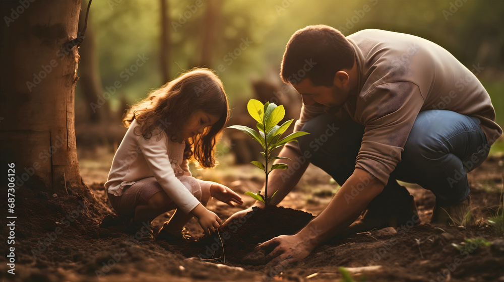 Father and his young daughter planting a tree in the ground. Female ...