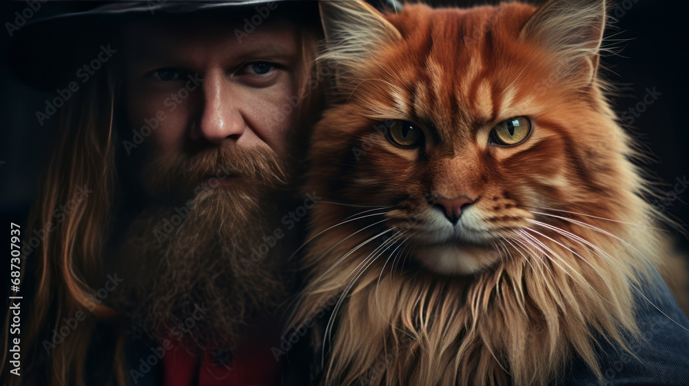 A beautiful big red cat (Maine Coon) against a blurry background of his ...