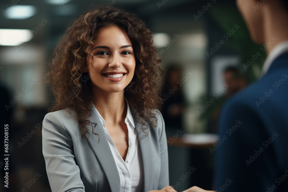 Bellissima donna manager sorridente con capelli lunghi in un moderno ...
