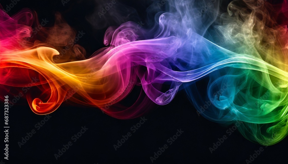 colorful rainbow colored smoke banner on dark black wide panorama ...