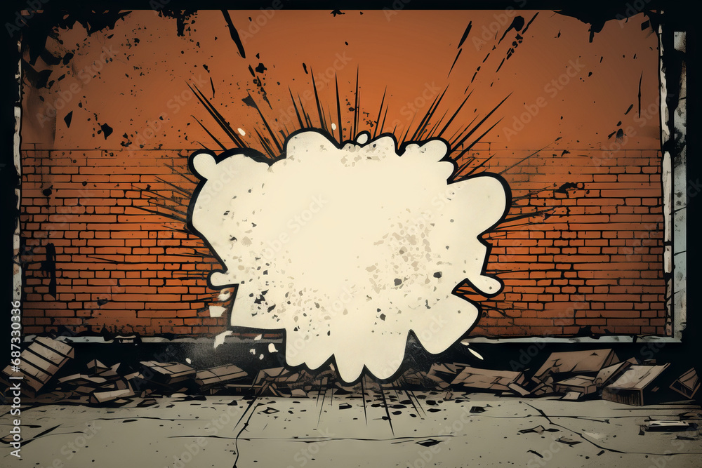 Comics impact speech balloon over brick wall, empty copy space, urban ...