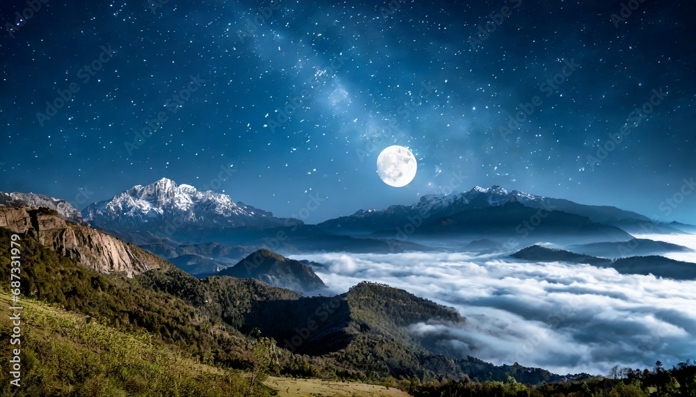 mountain backgrounds night sky with stars and moon and clouds Stock ...