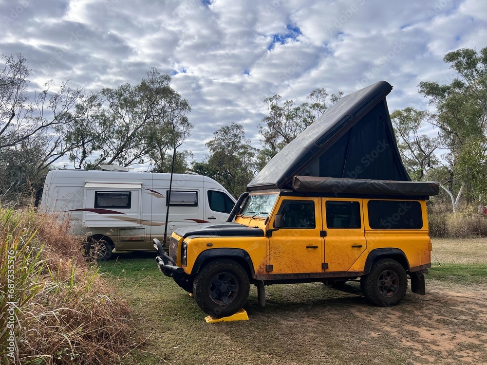 Land Rover Defender 110 Station Wagon with rooftop tent camping in the ...