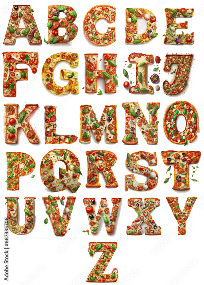 English alphabet crafted from appetizing pizza, creatively blending the ...