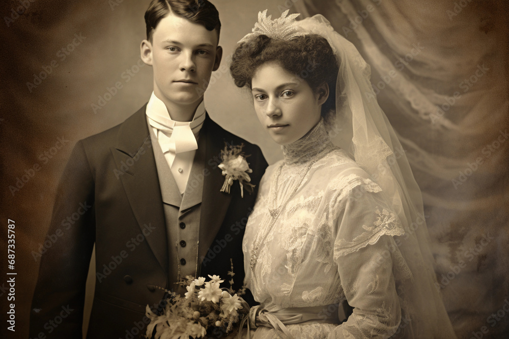young couple in wedding attire, early 1900s style, stoic expressions ...
