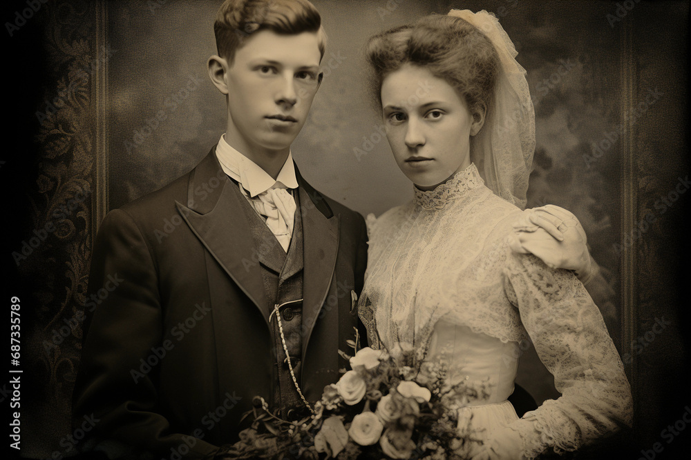 young couple in wedding attire, early 1900s style, stoic expressions ...