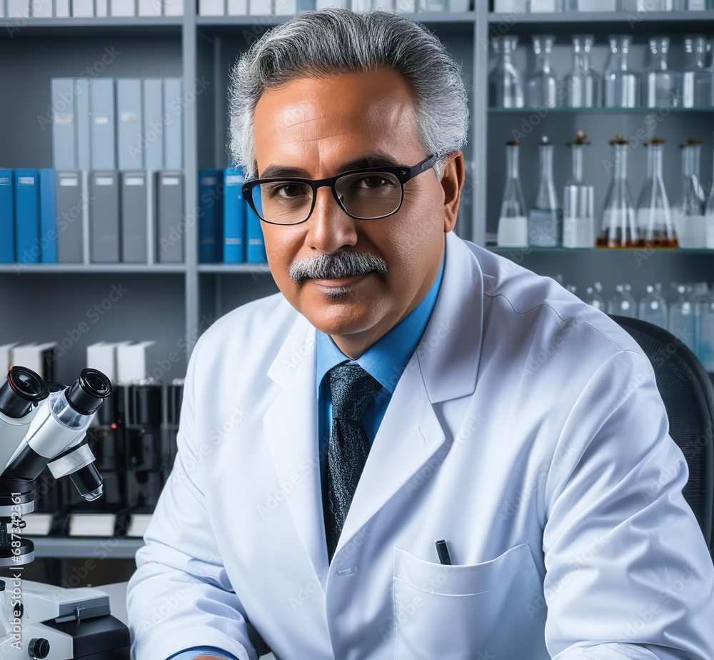 Investigador en un laboratorio con un microscopio probetas y tubos de ...