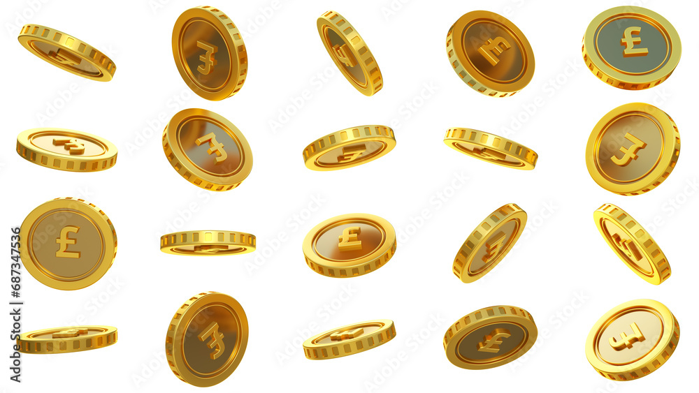 3D rendering of set of abstract golden British Pound coins concept in ...