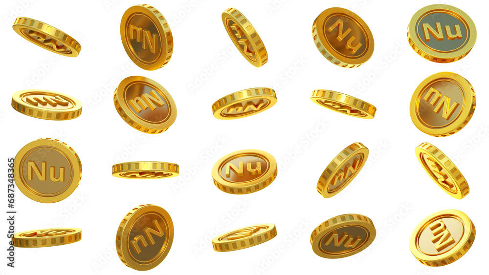 3D rendering of set of abstract golden Bhutanese ngultrum coins concept ...