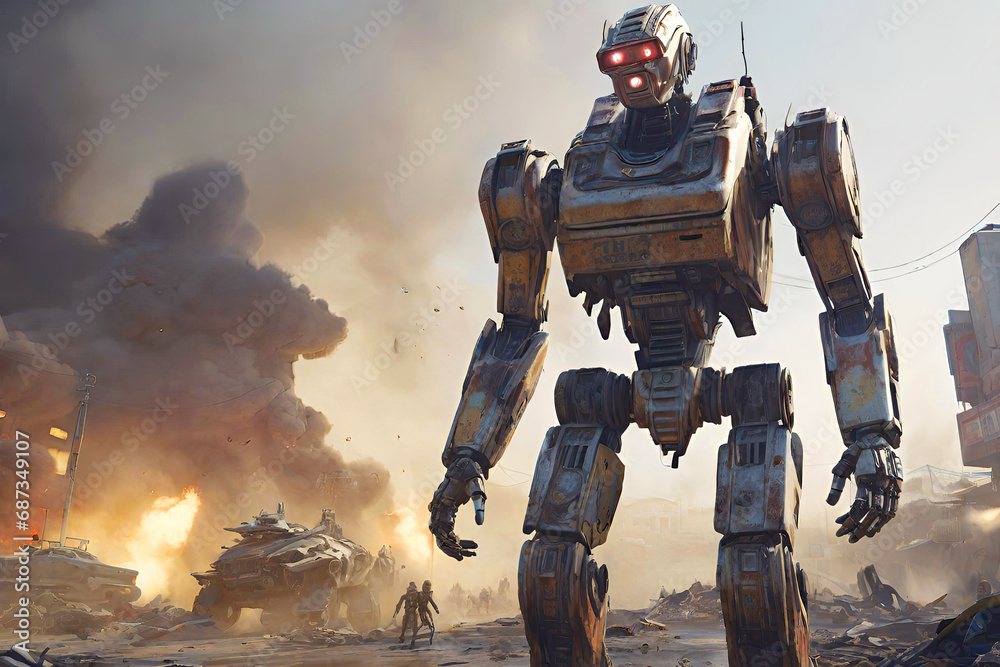 Cinematic scene of a post-apocalyptic Earth invaded by robots. A ...