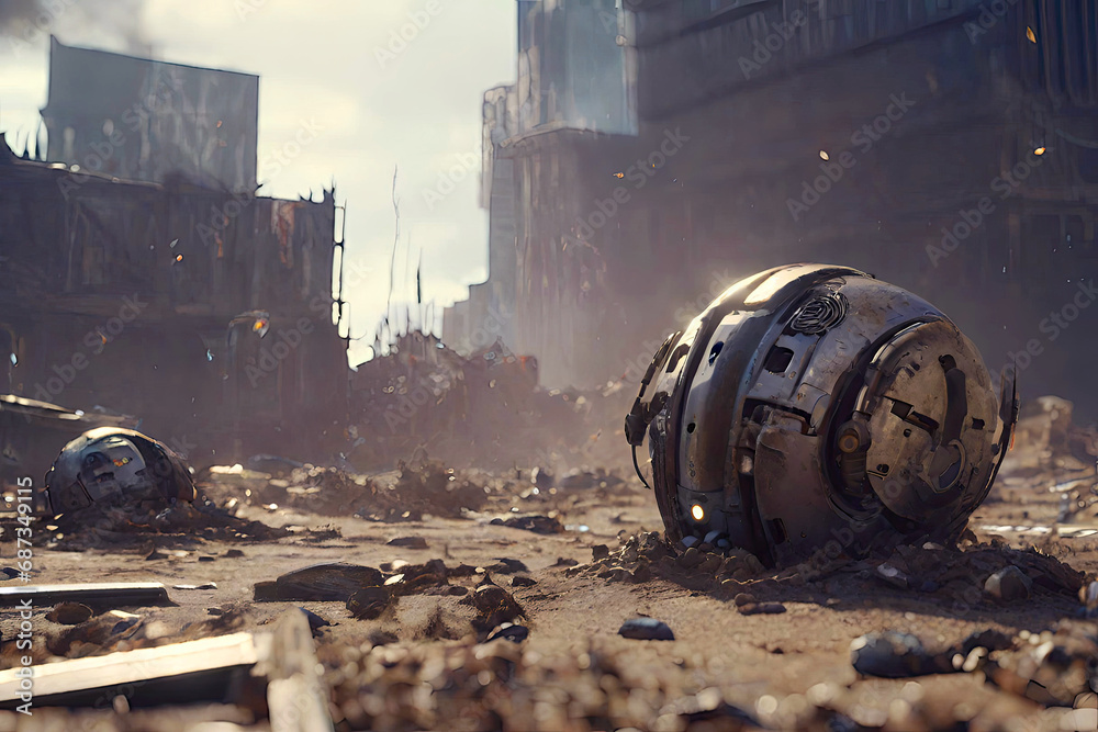 Cinematic scene of a post-apocalyptic Earth invaded by robots. A ...