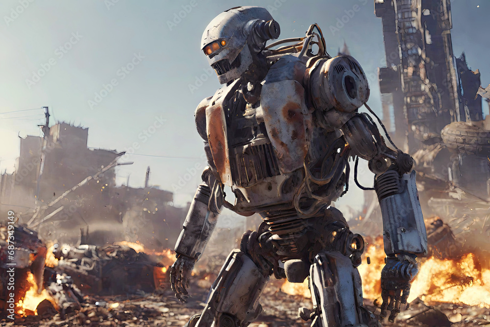 Cinematic scene of a post-apocalyptic Earth invaded by robots. A realistic and detailed scene ...